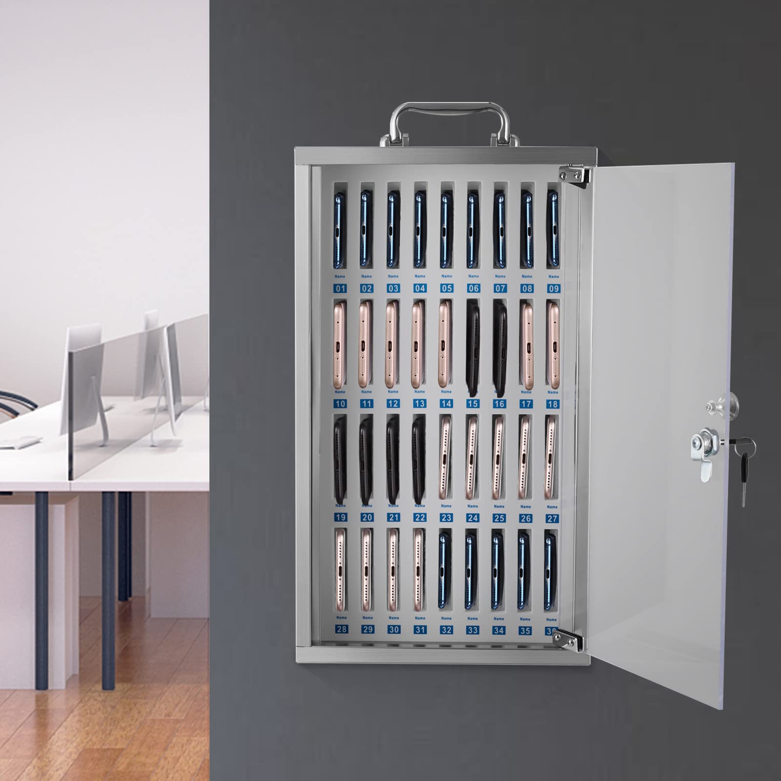 BANLICALI Phone Locker, 36-Slot Stainless Steel Cell Phone Locker Box, Desktop & Wall-Mounted Cell Phones Storage Cabinet with Door Locks and Handle for Classroom Office Employees Silver