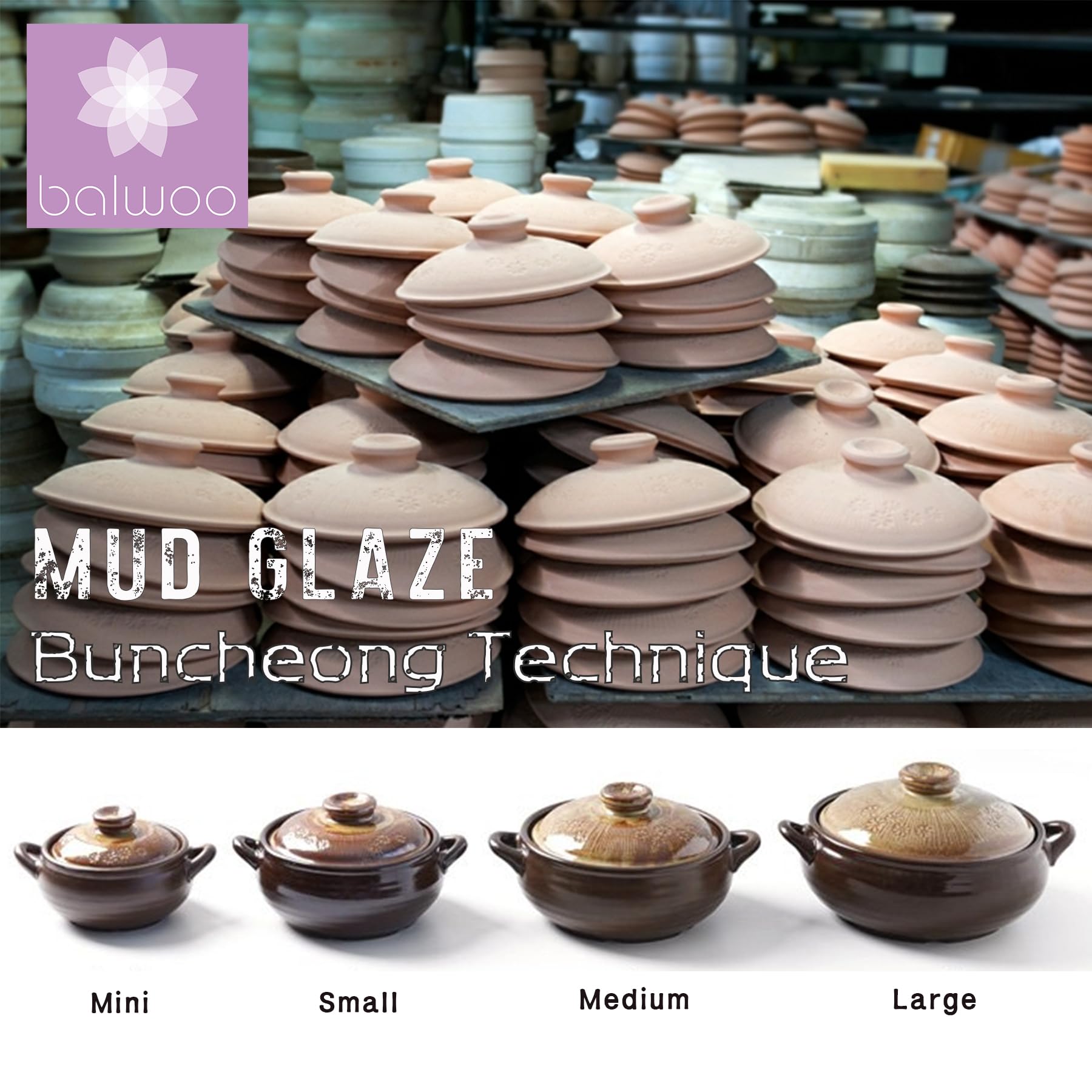 BALWOO Korean Pot [Buncheong] MUD GLAZE Earthenware Ttukbaegi, Ceramic Clay Cooking Pot Casserole, Heat Resistant Ceramic Pot, Zero-Crack Stone Bowl Stockpot Soup Cookware (Mini)