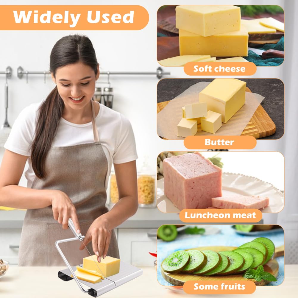 Cheese Slicer with Board for Block Cheese,Stainless Steel Cheese Slicer with 10 Replacement Wires,Tightness Adjustable Cheese Slicer for Block Cheese, Dishwasher Safe(silver,Size:8.27x5.12x0.91inch)