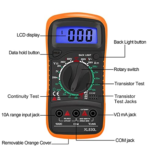Digital Multimeter Voltmeter Battery Circuit Multi Tester OHM Volt Amp AC DC Voltage Current Continuity Resistance Diodes Electrical Test Meter with Test Leads LCD Display
