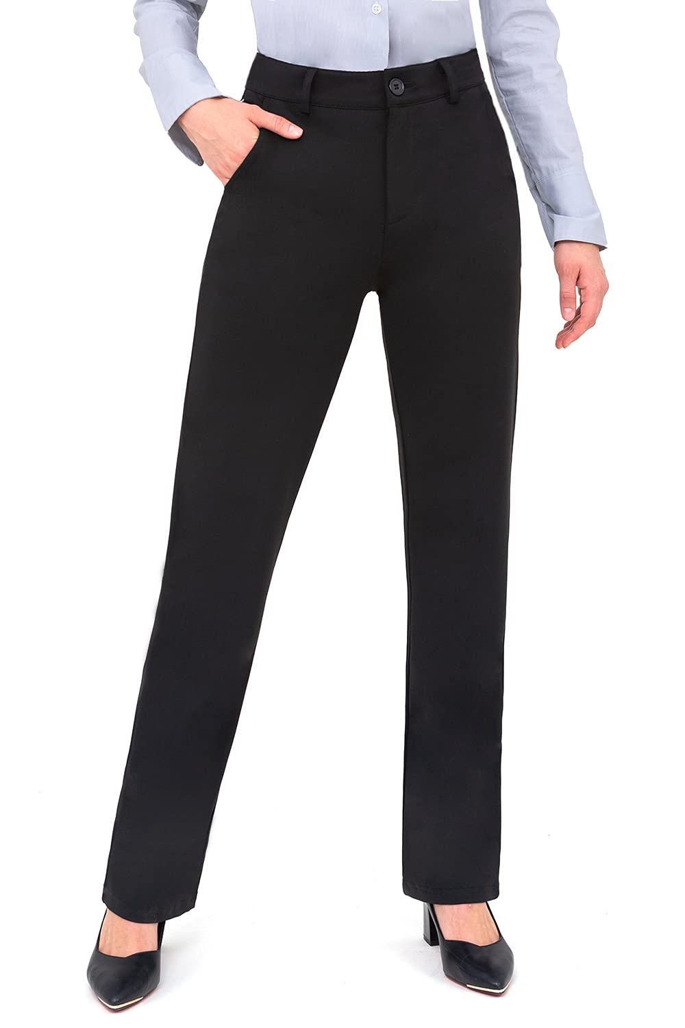 Bamans Work Pants for Women Yoga Dress Pants Straight Leg Stretch Work Pant with Pockets (Black, Small Long)