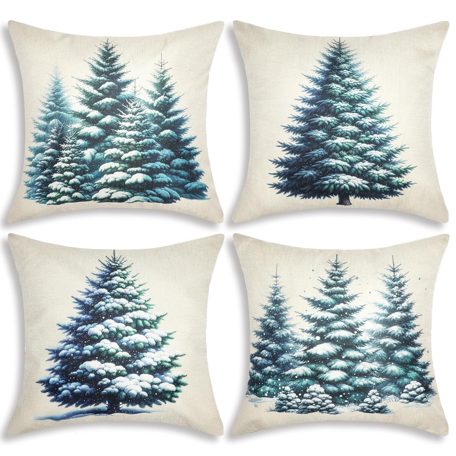 Fanfanwin 4 Pcs Christmas Pillow Covers 18 x 18 Inch Watercolor Christmas Throw Pillow Covers Rustic Winter Decor Nature Forest Print Seasonal Pillow Covers Linen Cushion Cover for Home Couch Sofa