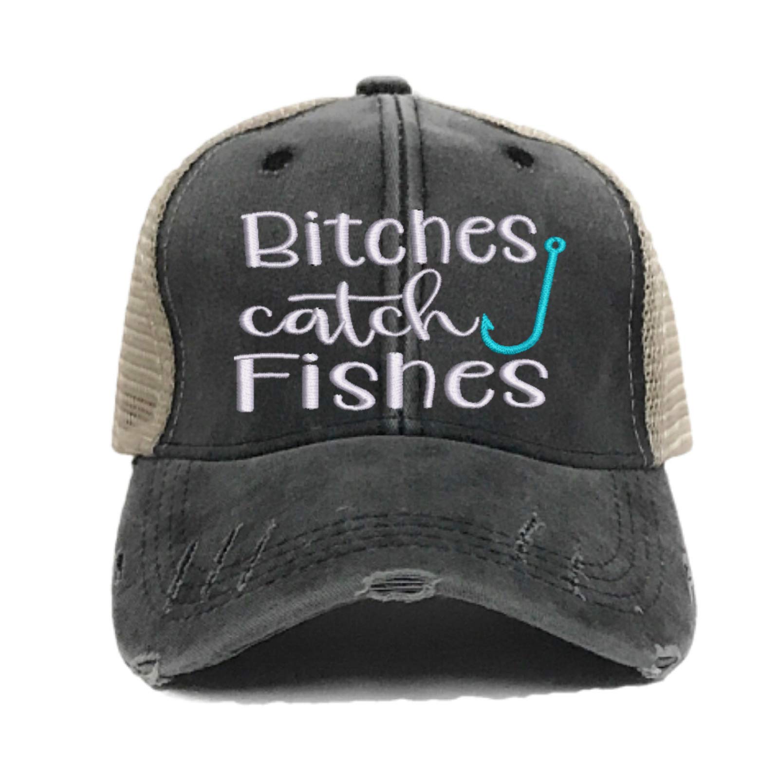 Bitches Catch Fishes Women's Funny Custom Distressed Fishing Trucker Hat Embroidered Baseball Cap (Turquoise)