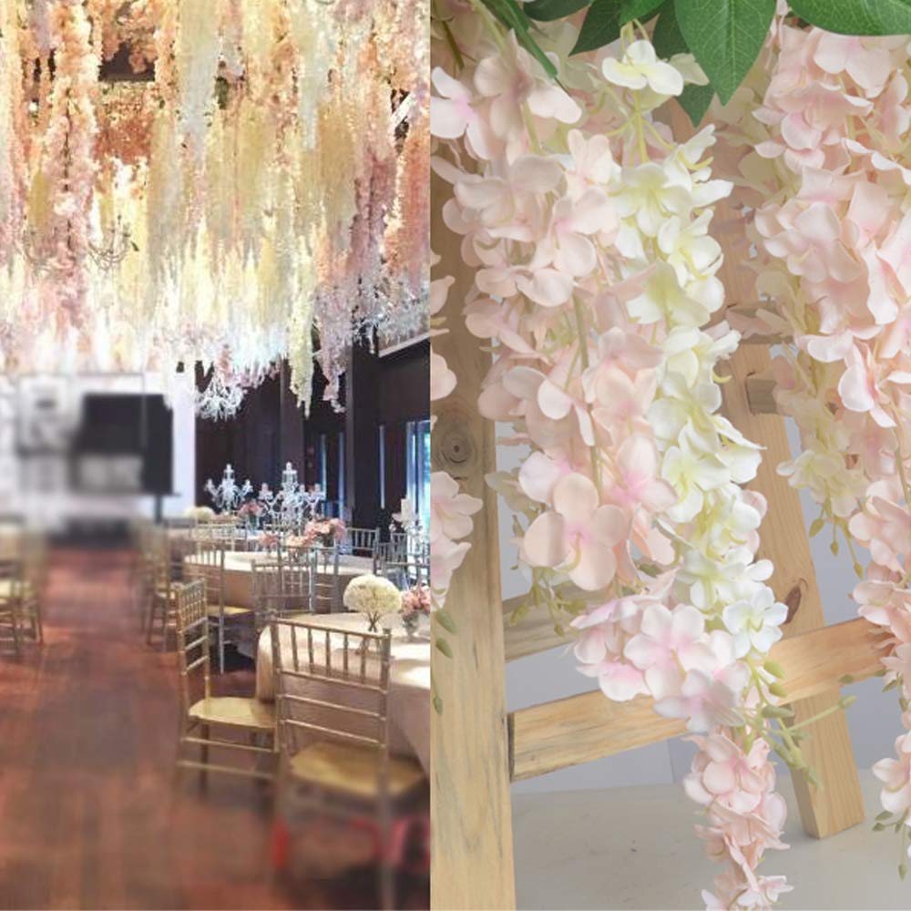 Homcomoda 4PC Artificial Silk Hydrangea Flower Hanging Wisteria Cattleya Vine Garland Each 200 Flower Spray Arrangements for Wedding Wreath Home Garden Party Decor (Light Pink)