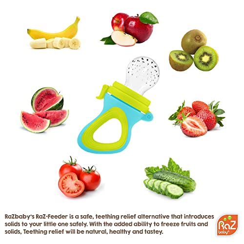 RaZbaby Baby Solids/Frozen Fruit Feeder Pacifier, Infant Teether Toy 6M+, BPA-Free Silicone Pouch & Nipple, Safely Introduce Solids, Teething Relief, Dishwasher Safe, 2-Pack β Orange/Blue + Green/Blue