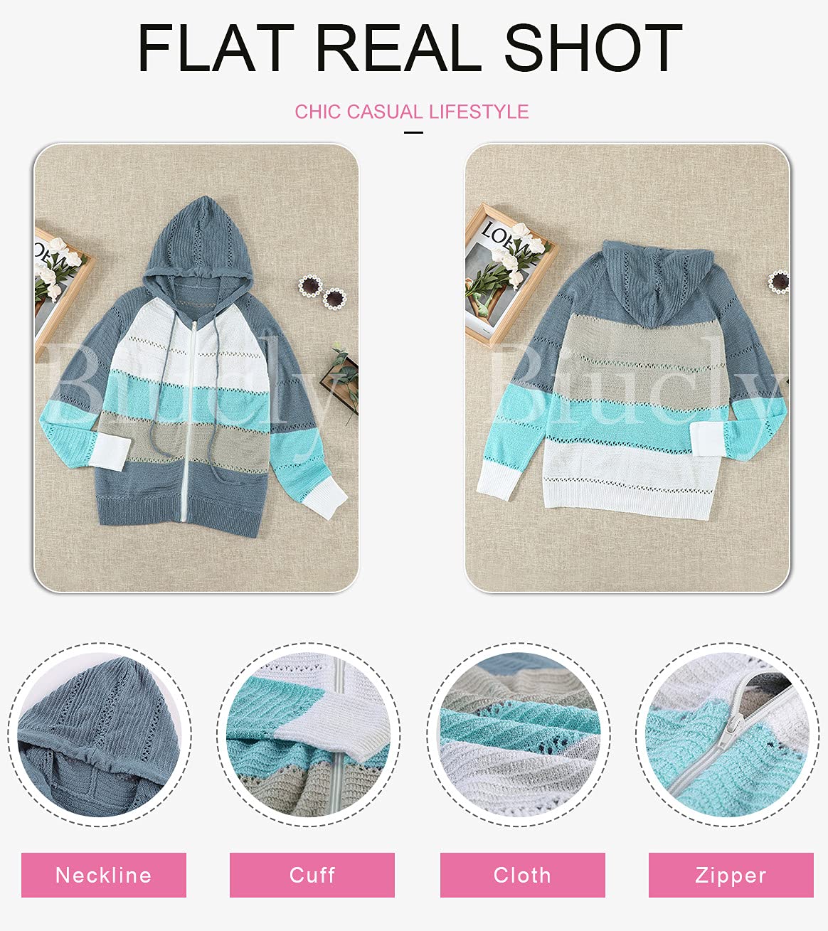 Biucly Womens Stripes Color Block Knit Sweater Zip Up Hoodies Long Sleeve Lightweight Drawstring Jacket Pullover Sweatshirts Sweaters Fall Winter 2022,US 8-10(M),Sky Blue