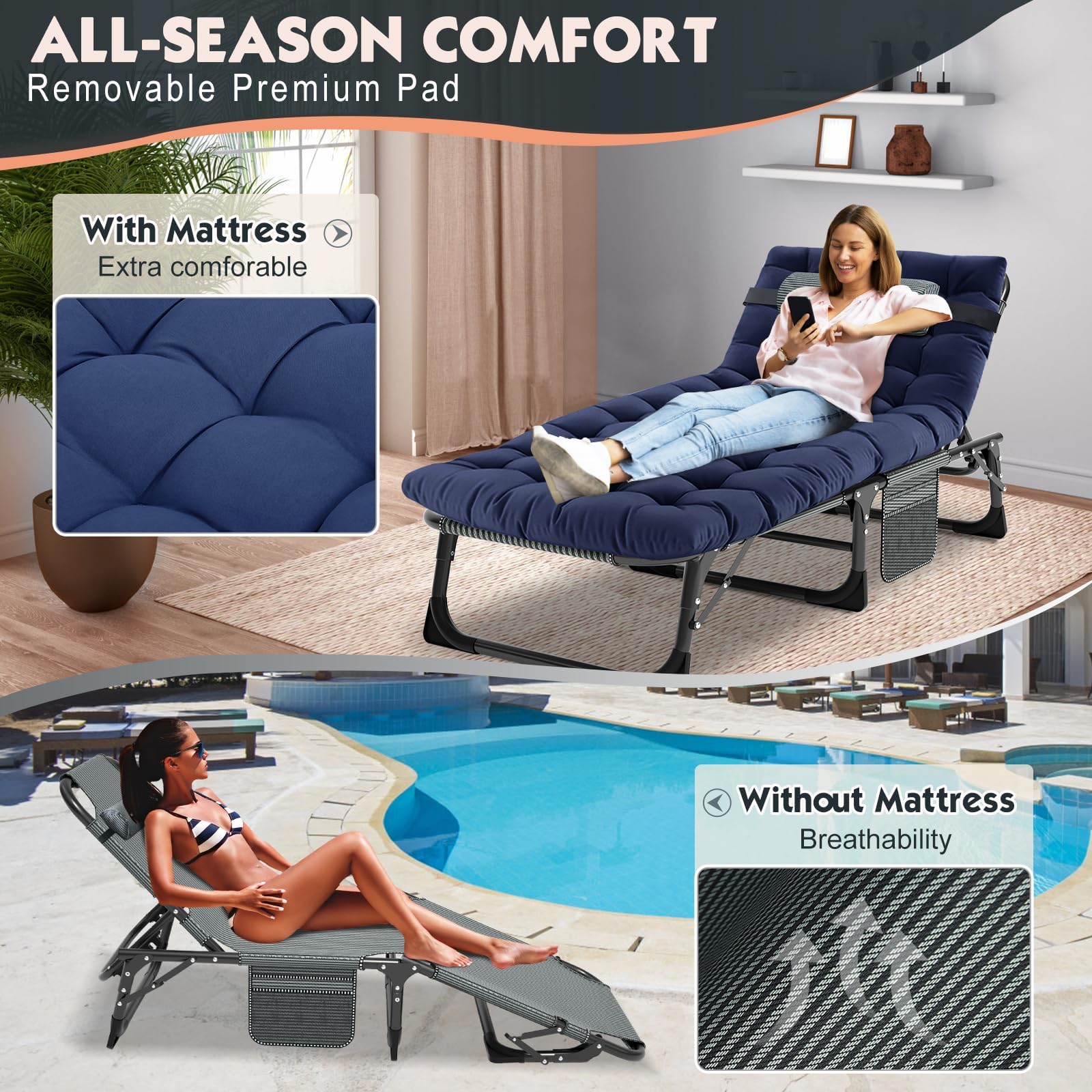 MOPHOTO Folding Lounge Chair 5-Position, Folding Cot, Portable Outdoor Folding Chaise Lounge Chair for Sun Tanning, Perfect for Pool Beach Patio Sunbathing