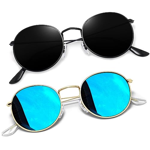 Joopin 2 Pack Metal Circle Sunglasses Polarized UV Protection, Trendy Thin Rim All Black Sun Glasses, Gold Frame Mirror Blue Sunnies, Retro Round Shades for Women Men Driving Fishing Sensitive Eyes