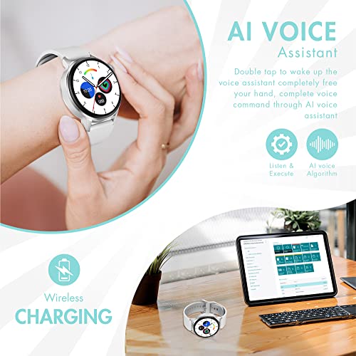 EKTON Smart Watches for Men & Women - Smart Watch for Android Phones, Make/Answer Calls, Messaging, Voice Assistant, NFC Functions, Wireless Charging, Long Battery Life, Silver