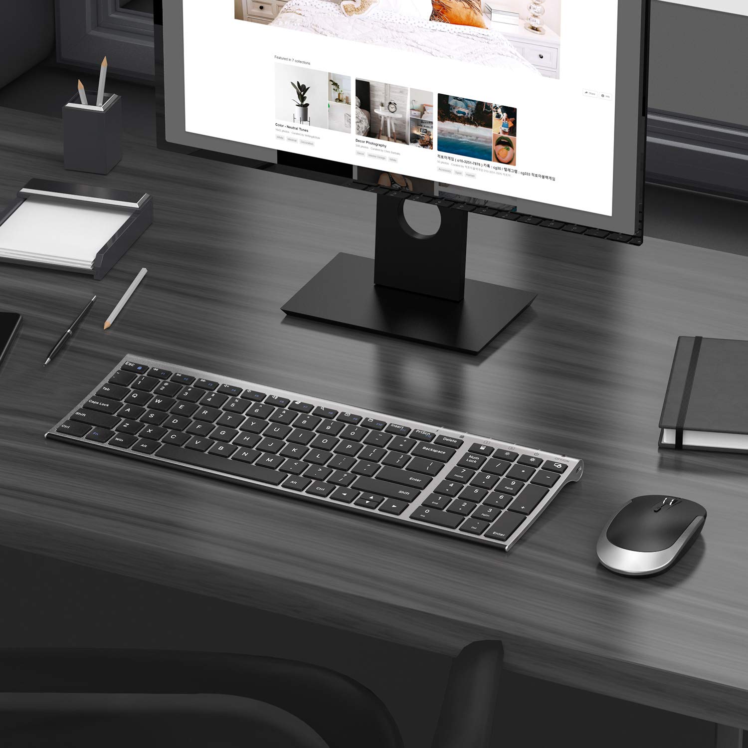 Bluetooth Keyboard Mouse, Multi-Device Wireless Keyboard Mouse Combo, Ultra Slim, Rechargeable, Dual-Mode(Bluetooth 4.0 + USB), for Windows/Mac OS (Black Silver)