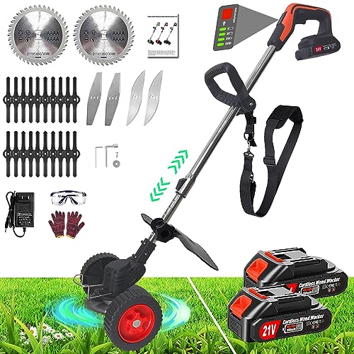 Electric Weed Wacker Cordless Weed Eater Battery Powered, 24V/2000mAh Brush Cutter with 4 Types Blades, Lightweight Wheeled Grass Trimmer/Weed Trimmer/Lawn Edger for Garden Yard(with Shoulder Strap)