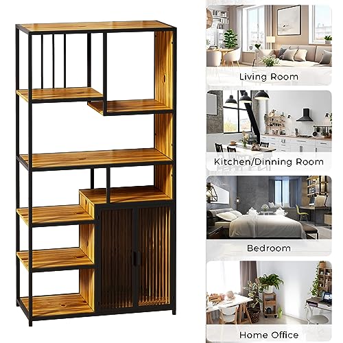 Industrial Bookshelf 69 Inch Tall Etagere Bookcase, Display Shelf with Open Storage Shelves and Right Side Cabinet, Modern Bookcases with Metal Frame for Home Office Living Room and Bedroom, Right