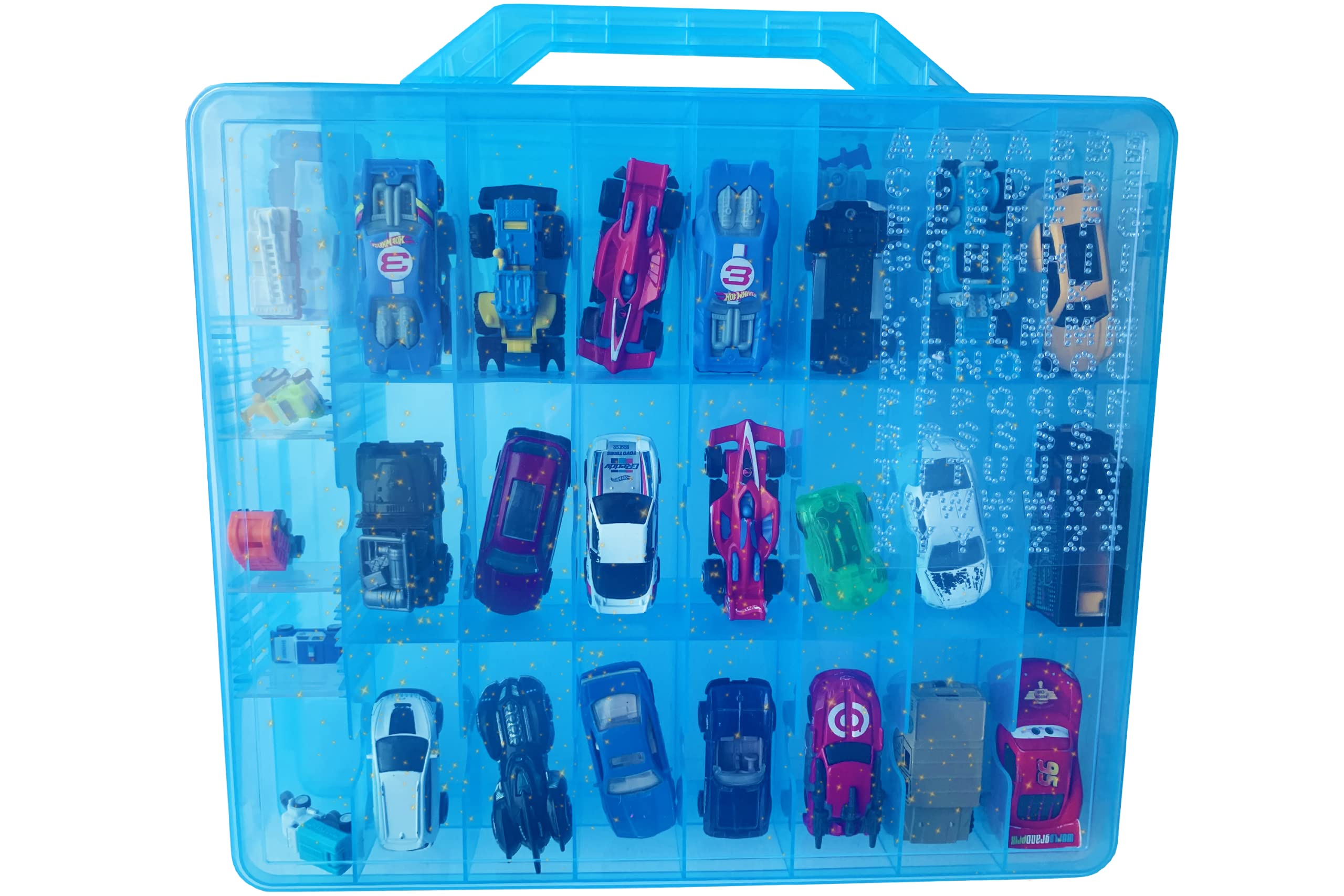 HOME4 Double Sided BPA Free Toy Storage Container - Compatible with Mini Toys Brands, Small Dolls Hot Wheels Tools Crafts - Toy Organizer Carrying Case - 48 Compartments - Cars Not Included (Clear)