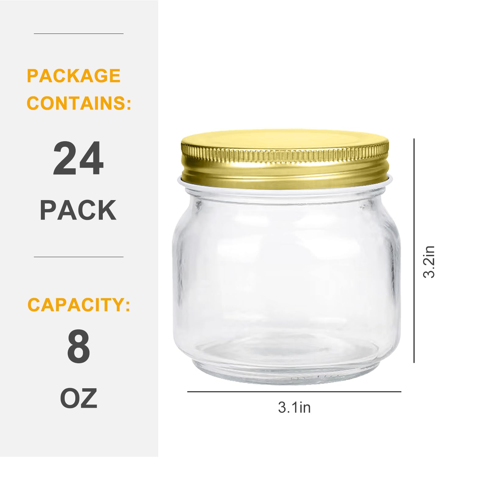 Encheng 8 oz Glass Jars With Lids,Ball Regular Mouth Mason Jars For Storage,Canning Jars For Caviar,Herb,Jelly,Jams,Honey,Dishware Safe,Set Of 24