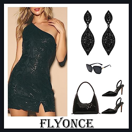 Flyonce Women's Rhinestone Crystal Wedding Bridal 2 Leaf Drop Dangle Chandelier Earrings Deep Black