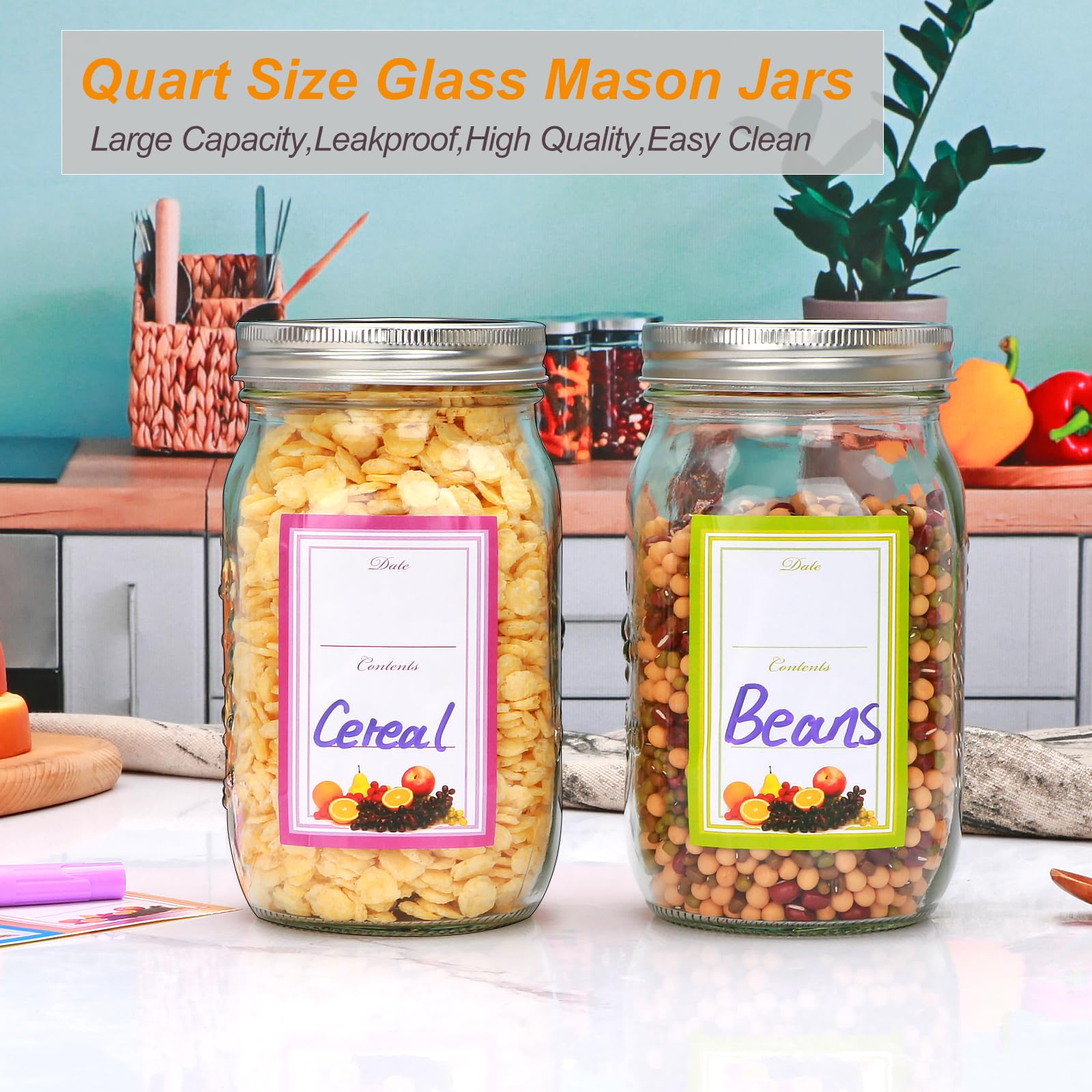 Encheng Wide Mouth Mason Jars 32oz,Clear Glass Mason Jars with Lids and Bands,12 Pack Quart Size Canning Jars with Metal and Plastic Lids for Preserving,Meal Prep,Fermenting,Jam