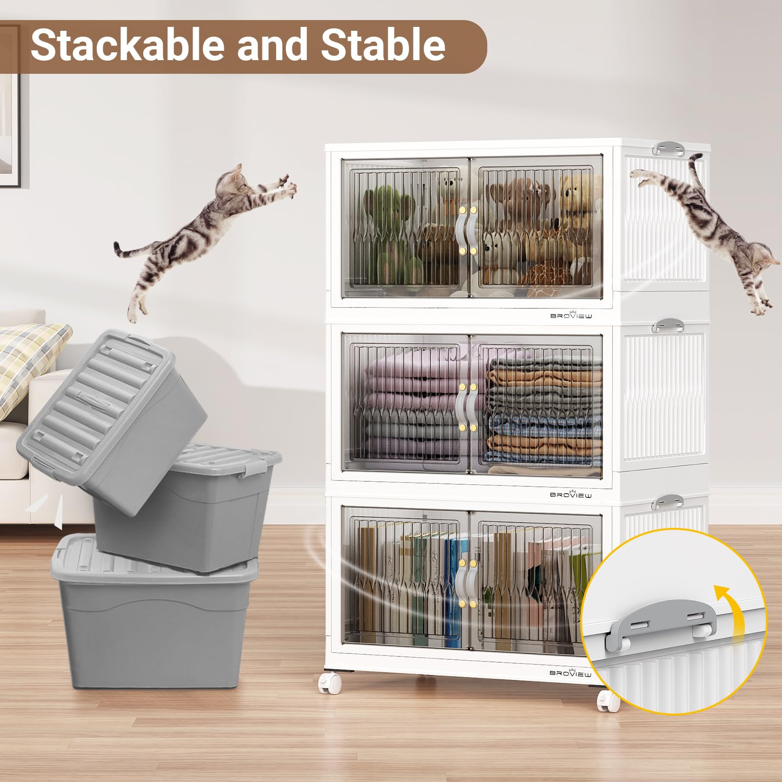BROVIEW 120 Qt Stackable Storage Bins with Lid, Closet Organizer and Storage Drawers, Collapsible Storage Box with Wheels, Plastic Clothes Storage Cabinet Cubes Shelves Home Organization, 3Pack White