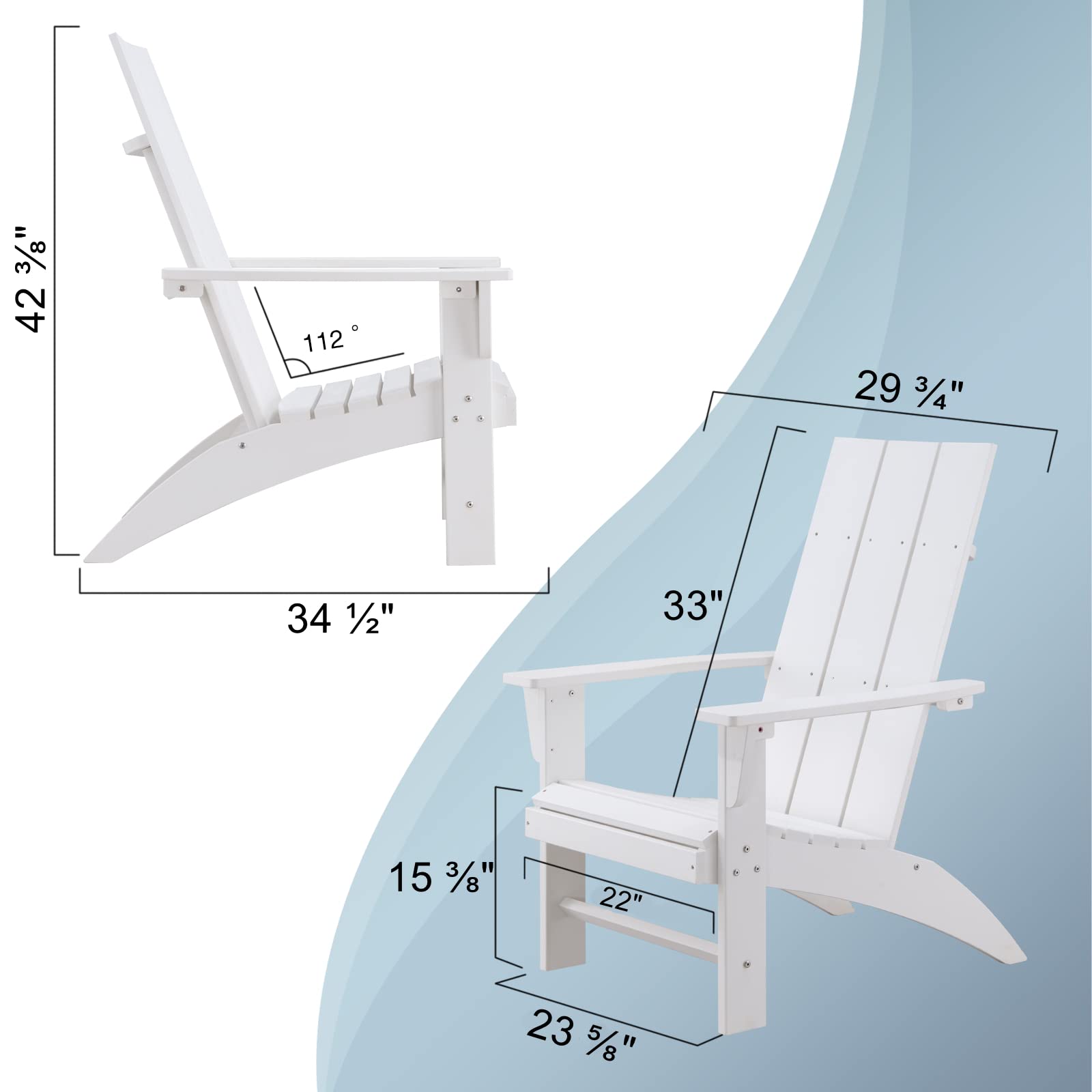 Psilvam Modern Adirondack Chairs Set of 4, Oversized Poly Lumber Fire Pit Chair, 350 Lbs Support Patio Chairs for Garden, Weather Resistant Adirondack Chair Looks Like Real Wood (4, White)