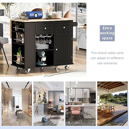 Gustonhon Kitchen Island with Drop Leaf,Dining Table Trolley with Power Outlet and Rubber Wood,Open Storage and Wine Rack,5 Wheels,with Adjustable Storage for Home, Kitchen, and Dining Room (Black)