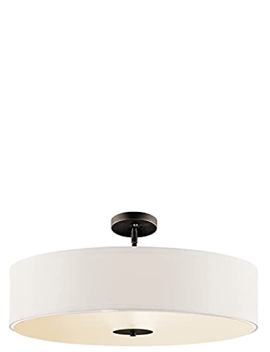 Kichler Convertible 24" 3-Light Pendant and Semi Flush Mount Fixture in Olde Bronze, Traditional Ceiling Light with White Microfiber Shade for Kitchen, Bedroom, or Hallway, (24" W, 6" H), 42122OZ