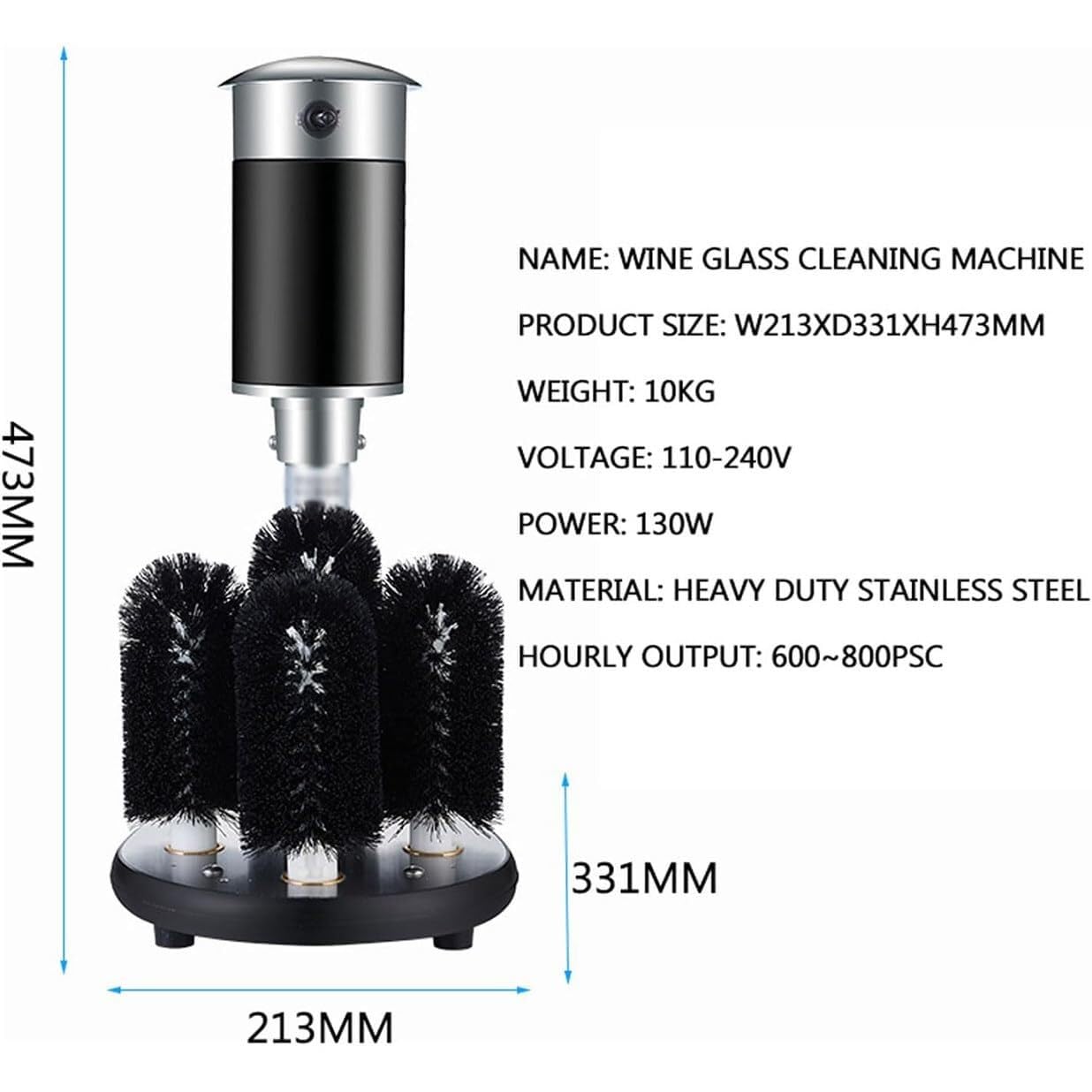 Electric Glass Washer,5-Brush Commercial Automatic Glass Cleaning Machine, for Long Leg Cup, Red Wine Glass, Bar Kitchen Sink, 600-800 Cups/Hour