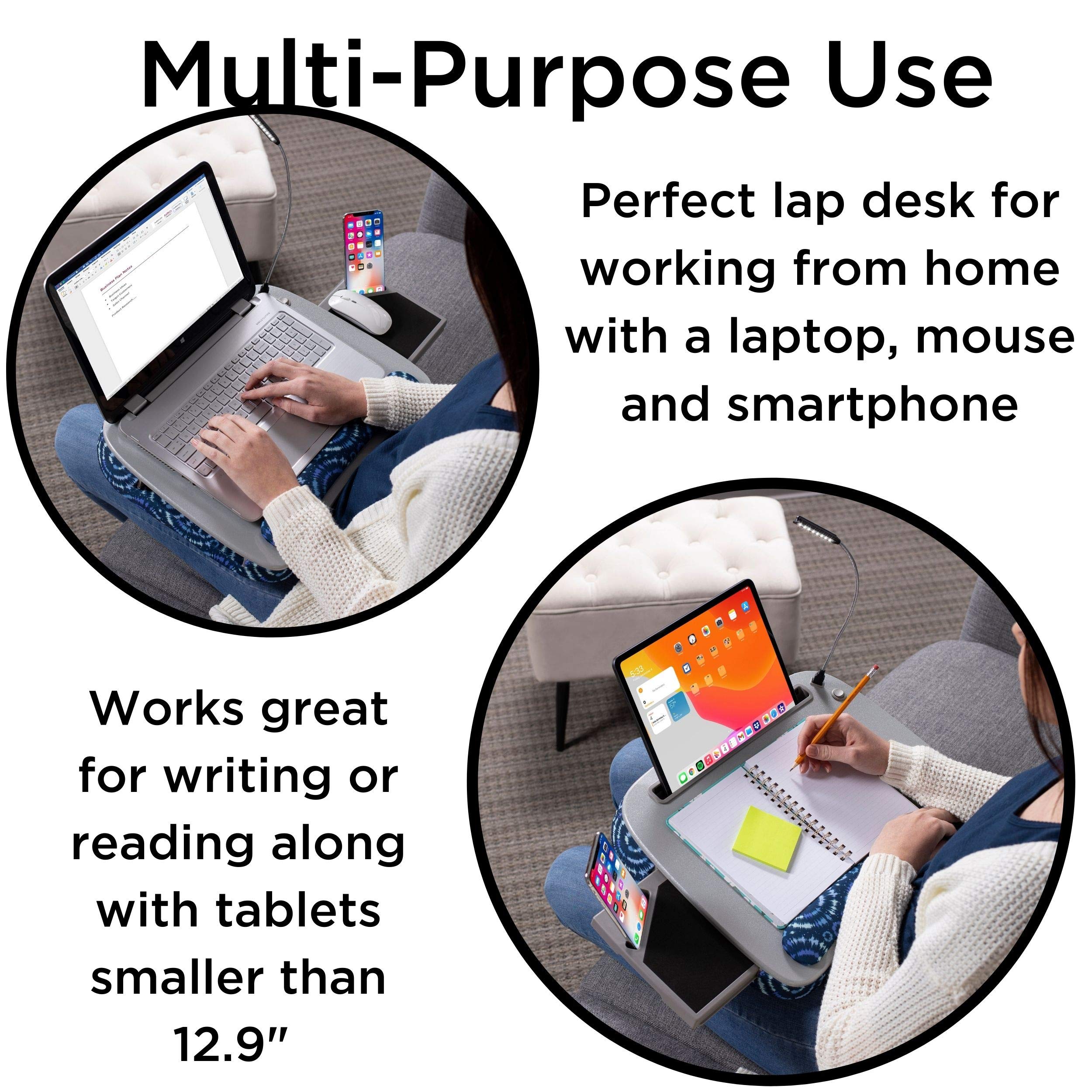 BIRDROCK HOME Deluxe Lap Desk with Pillow Cushion and Wrist Rest | USB Light and Mouse Pad | Fits Laptops Up to 15" | Tablets Up to 9.6" | Blue Tiedye Sunburst Pattern | Laptop Stand Accessories