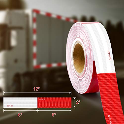DIRZA Reflective Safety Tape 2 Inch x 151 Feet DOT-C2 Waterproof Red/White Adhesive Conspicuity Reflective Tape for Trailers,Cars,Vehicles,Boats,Signs,Warning