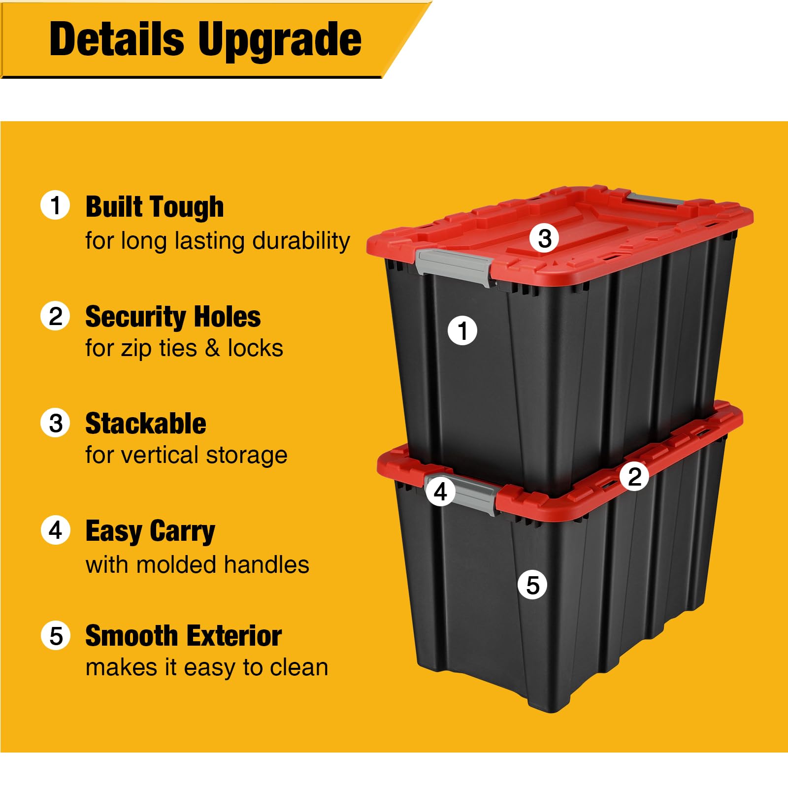 BROVIEW V12 16Gal Heavy Duty Plastic Storage Bins with Latching Lids, Stackable Tough Tote Storage Box Containers with Lock Hole & Handle for Garage Workshop Metal Rack (Black Base/Red Lid, 4Pack)