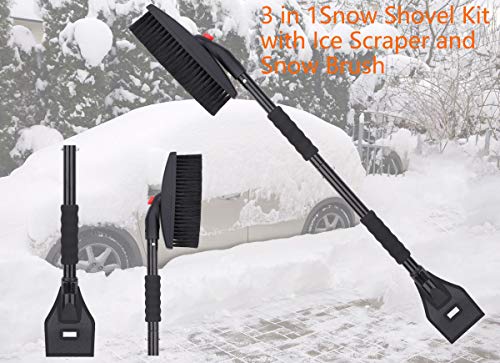 Elefama 3-in-1 Snow Shovel Kit for Car Emergency Driveway Snow Removal with Ice Scraper and Snow Brush Window Windshield Portable Collapsible Snow Shovel for Backyard Trucks SUV Deck Stairs