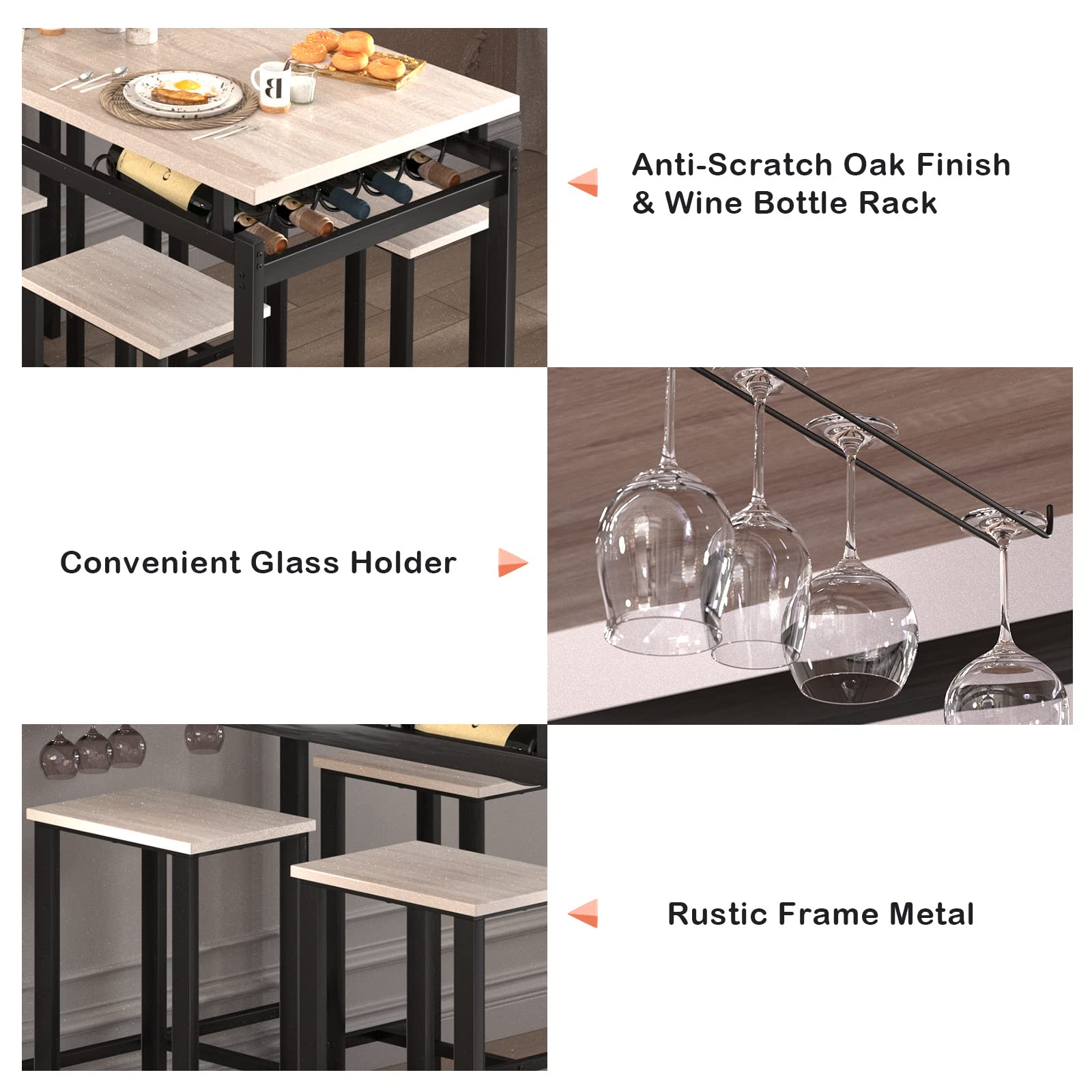 basenji Dining Table Set for 4, 5 Piece Kitchen Table and Chairs with Wine Rack and Glass Holder, Bar Table and Chairs Set Space Saving for Pub Breakfast (Oak Wine Rack)