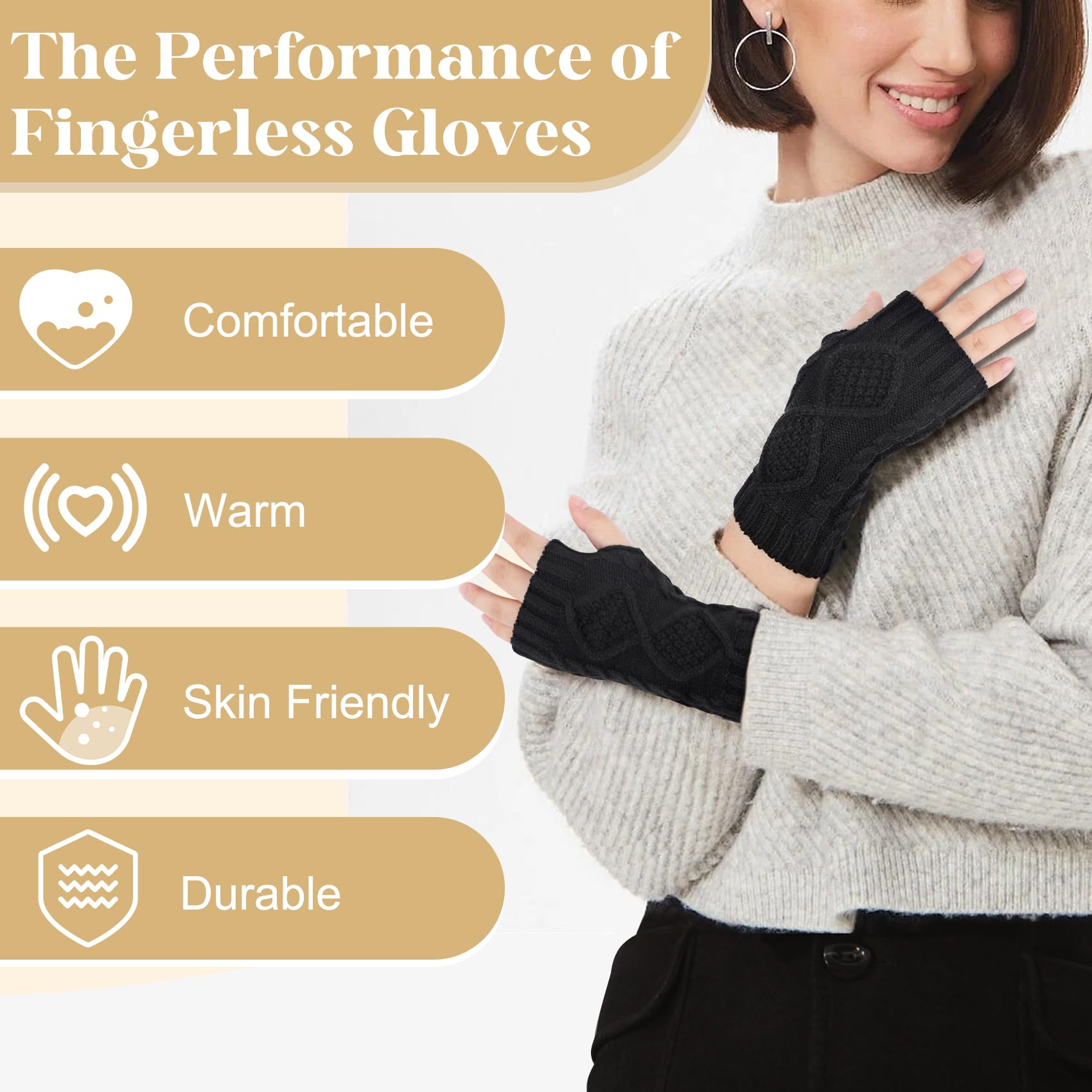 Justay Women Winter Warm Knit Fingerless Gloves Hand Crochet Thumbhole Arm Warmers Mittens