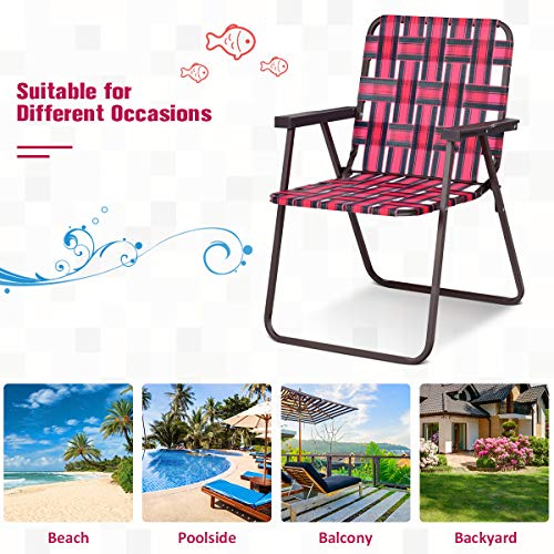 GYMAX Folding Chair, 6Pcs Patio Lawn Chair Set with Armrest, Indoor/Outdoor 6 Pack Webbed Lightweight Dinning Chair, Portable Beach Chair for Outside, Poolside, Backyard (Red)