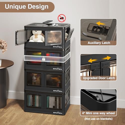 BROVIEW V5 33Gal Plastic Storage Bins with Lids, 4Pack Stackable Collapsible Storage Bins for Closet Organizers and Storage, Folding Storage Container Cabinets with Doors and Wheels, Black