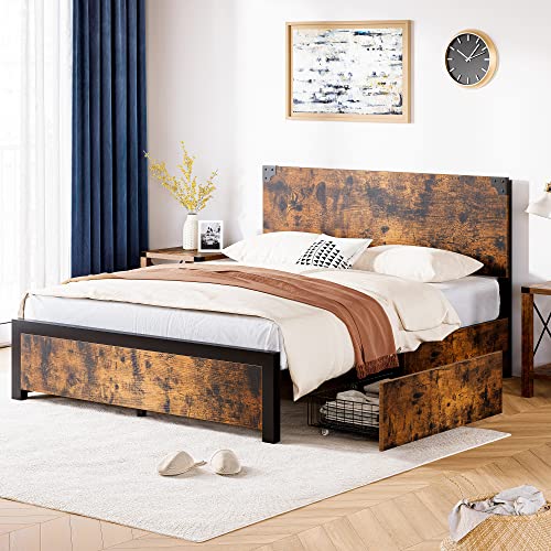 IDEALHOUSE Queen Size Bed Frame with 4 Storage Drawers and Headboard, Rustic Vintage Wood and Metal Bed Frame with Large Storage Space, No Box Spring Needed, Noise Free