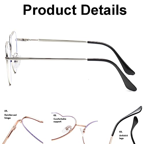 JOVAKIT Heart Shaped Blue Light Blocking Glasses for Women Fashion Vintage Lovely Style Metal Frame Eyeglasses (Silver)