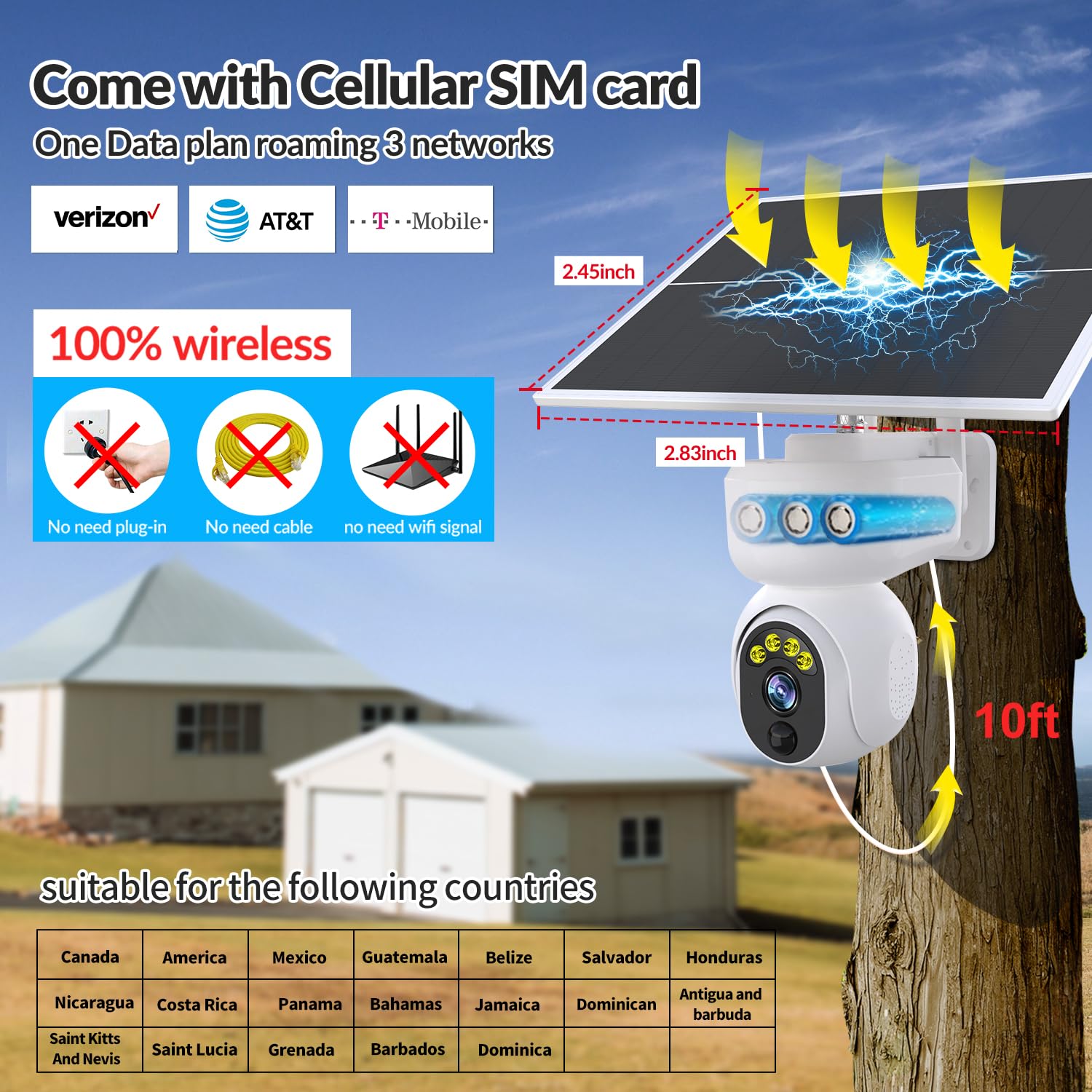 Cellular Security Camera Wireless Outdoor Solar 3G/4G LTE,Solar Power Battery No Need WiFi Cellular Trial Camera,PTZ 360 View,IP65 Weatherproof,PIR Motion Detection,Colorful Night Vision,2-way Talk