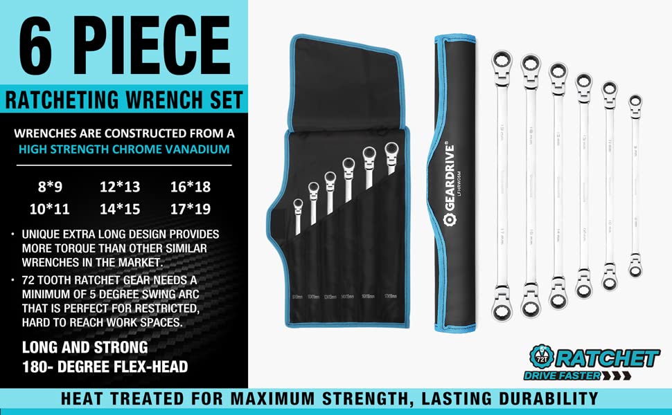 DURATECH Extra Long Flex-Head Ratcheting Wrench Set, Double Box End Wrench Set, 6-Piece, Metric 8-19mm, CR-V Steel, with Pouch