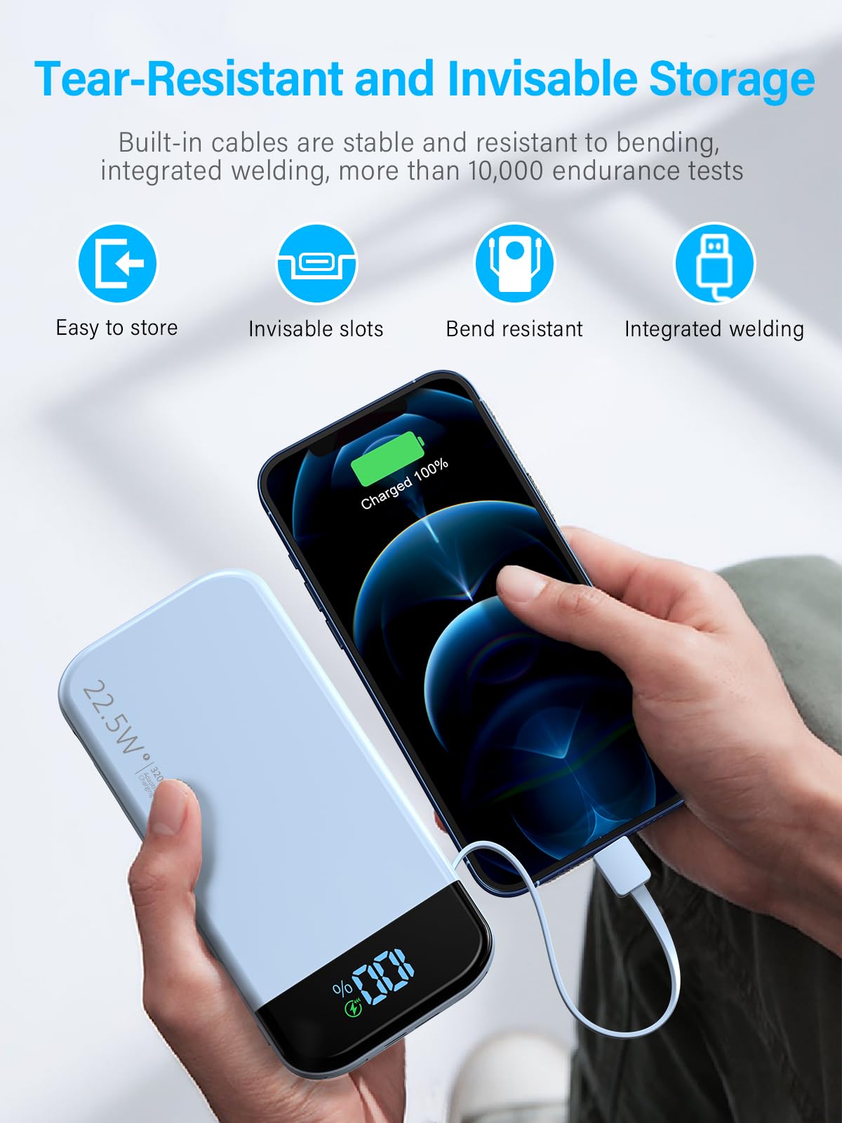 BLJIB Portable Charger 32000mAh, 22.5W QC 3.0 PD 20W Smart LED Display Fast Charging Built in Cables Power Bank, External Battery Pack Charge 5 Devices Compatible with Cellphones (Blue)