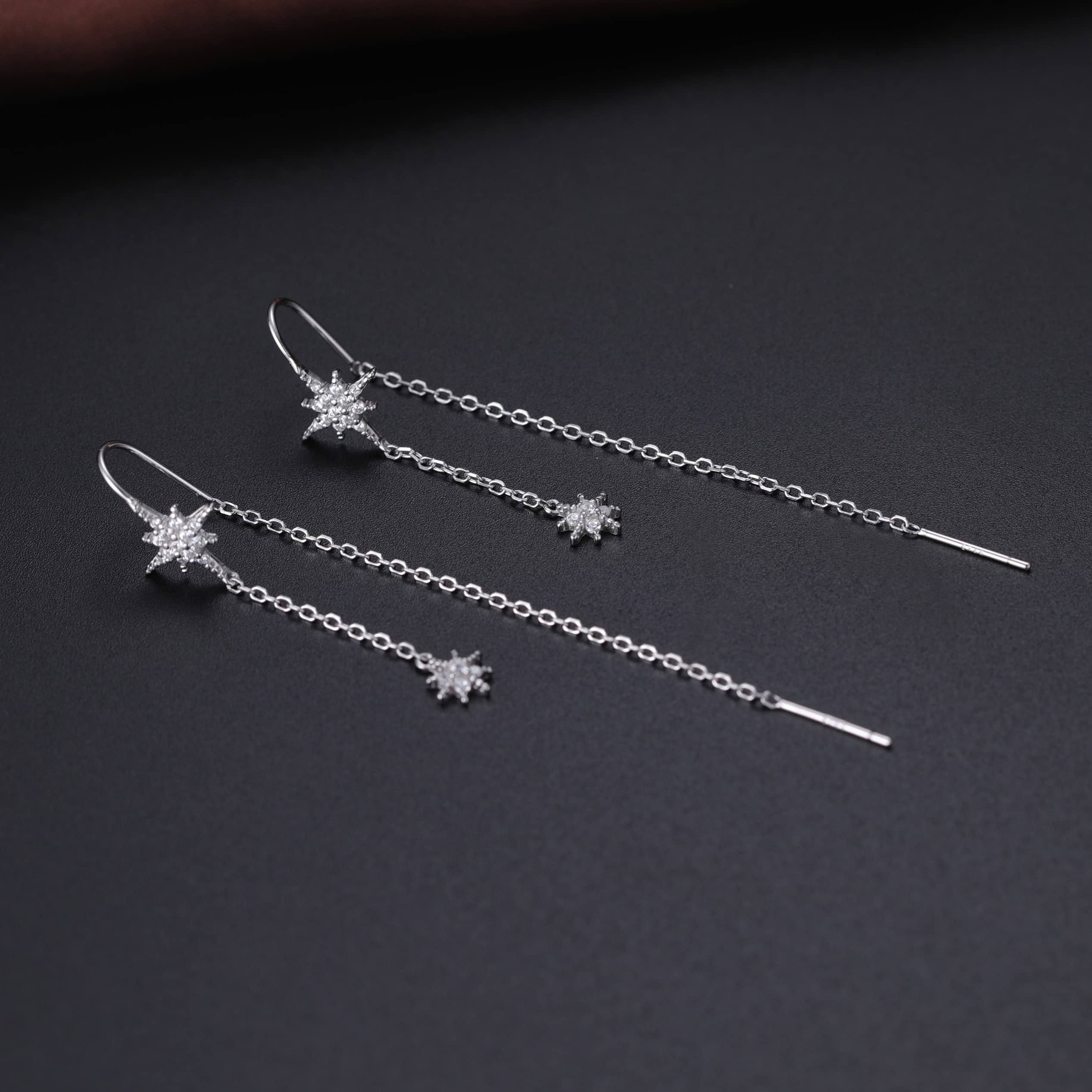 SLUYNZ Sterling Silver CZ Star Dangle Earrings for Women Teen Girls Long Dangle Earrings Threader Tassel (A-Silver)