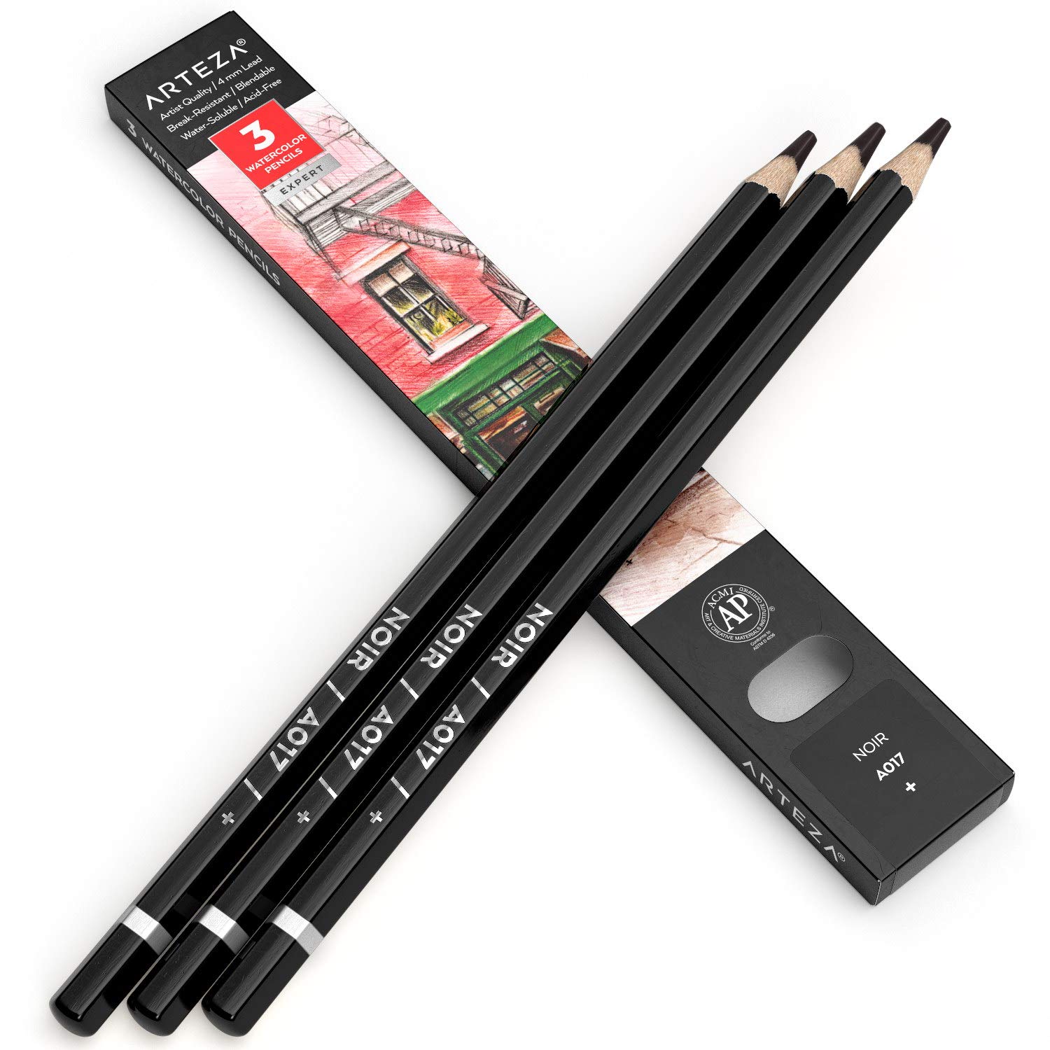 Arteza Professional Watercolor Pencils, Pack of 3, A017 Noir, Water-Soluble Pencils for Coloring, Blending, Layering & Watercolor Techniques