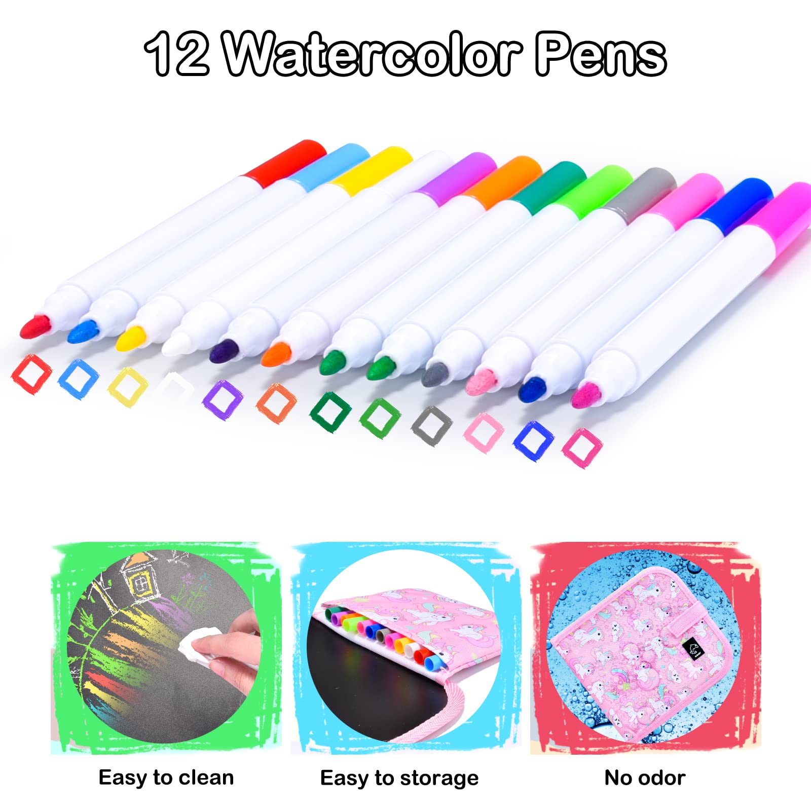 Miavogo Kids Erasable Doodle Book Set, Reusable Drawing Pad with 4 Page Coped Pattern & 12 Watercolor Pens, Preschool Travel Art Toy Scribbler Board for Road Trip Car Games Activities