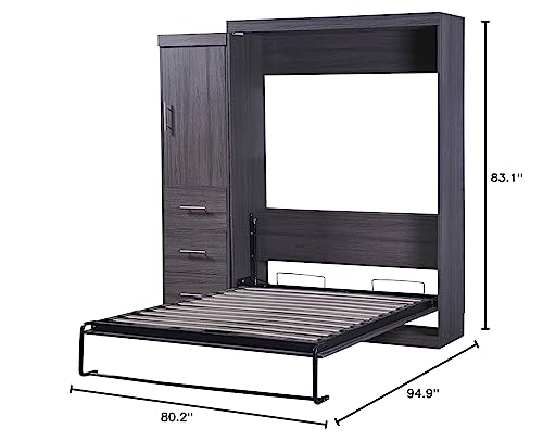ATY Full Size Murphy Bed with Wardrobe and Drawers, Wood Storage Bedframe Can be Folded into a Cabinet, Bedroom Furniture, Save Space Design, No Box Spring Required, Gray