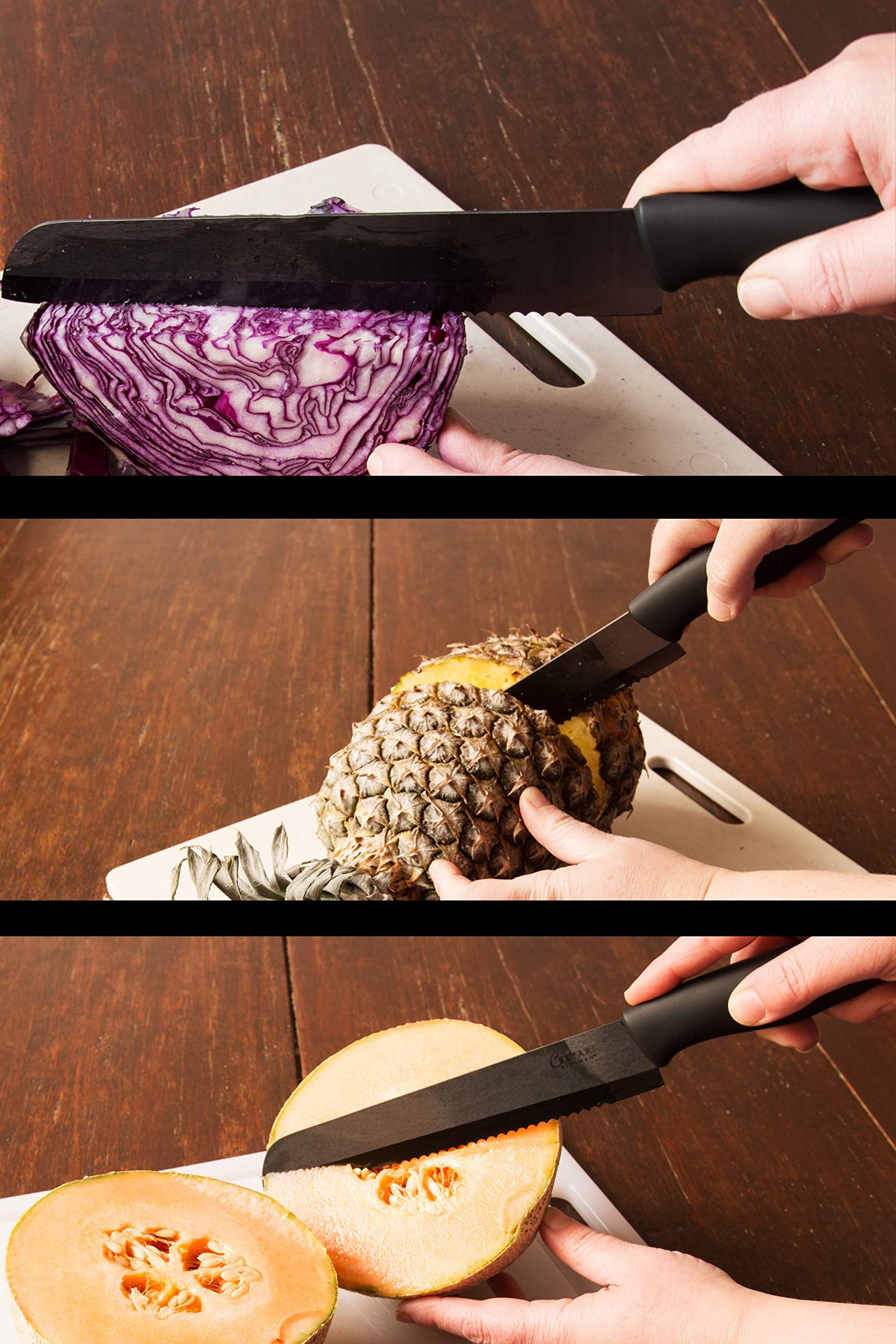 Cestari Advanced Ceramic Knife - Razor Thin Slices -Serrated Bread Knives - Never Needs Sharpening - Black Mirror Finish - Specialty Knives - Tomato Knife with Safety Sheath in Luxury Gift Box