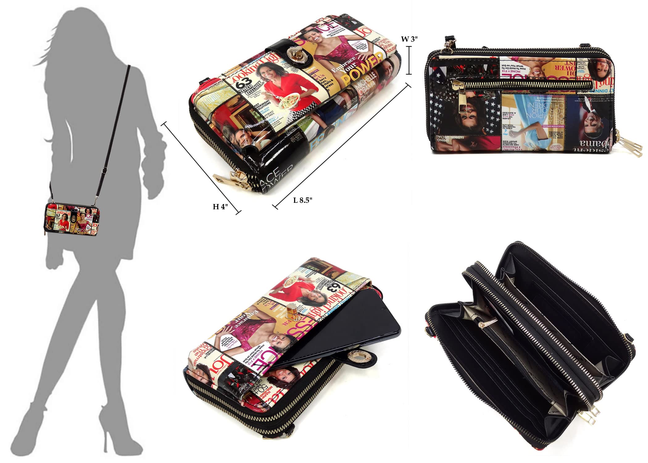 Michelle Obama Magazine Cover Collage Cell Phone Purse Wallet Smartphone Crossbody Wallet Travel Multifunction Phone Case Obama Wallet (A-Multi/Red)