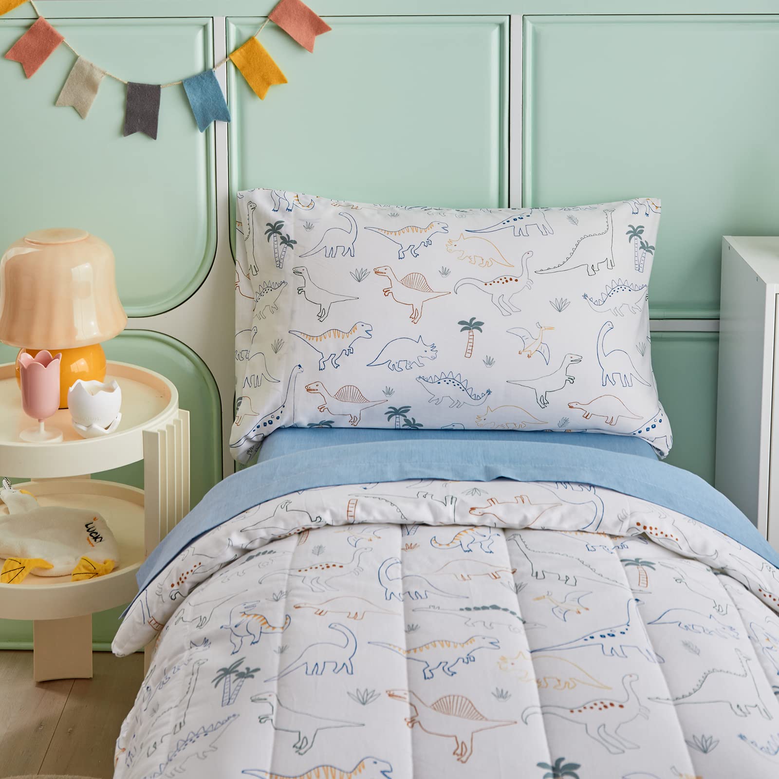 Cotton 4 Pieces White Dinosaurs Toddler Bedding Set Includes Adorable Quilted Comforter,White Fitted Sheet, Top Sheet, and Pillow Case