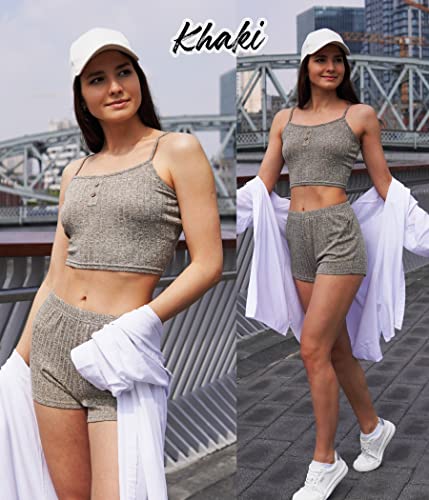 Ekouaer Sexy Loungewear Set for Womens Rib-Knit Outfits Camisole Top with Shorts Lounge Pj Set Khaki Black Plain Blue,Medium