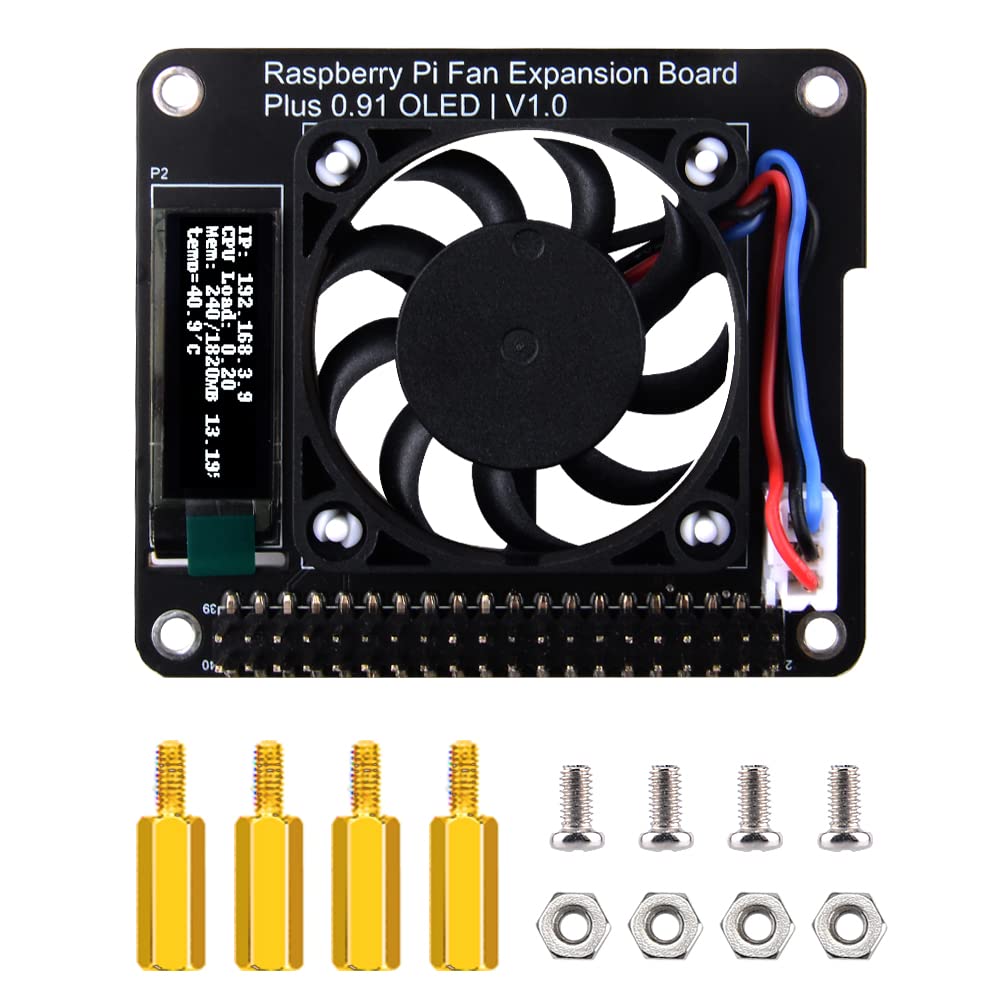 GeeekPi Fan Hat for Raspberry Pi 4 Model B, PWM Fan GPIO Expansion Board with 0.91inch OLED Display for Raspberry Pi 4B/3B+/3B/2B
