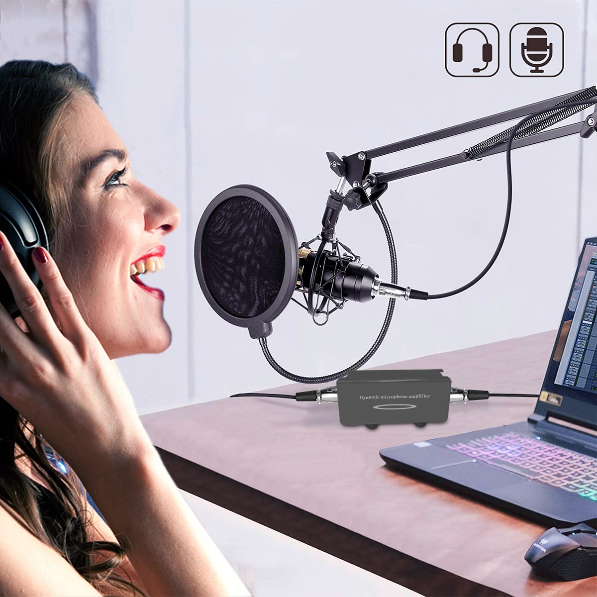 Microphone Preamp for Shure SM7B /SM58 /55SH Machine SMM-205 Dynamic Mircophone Preamp Booster for Livestream/Broadcast/Podcast/Vocal Recordings(GRAY)