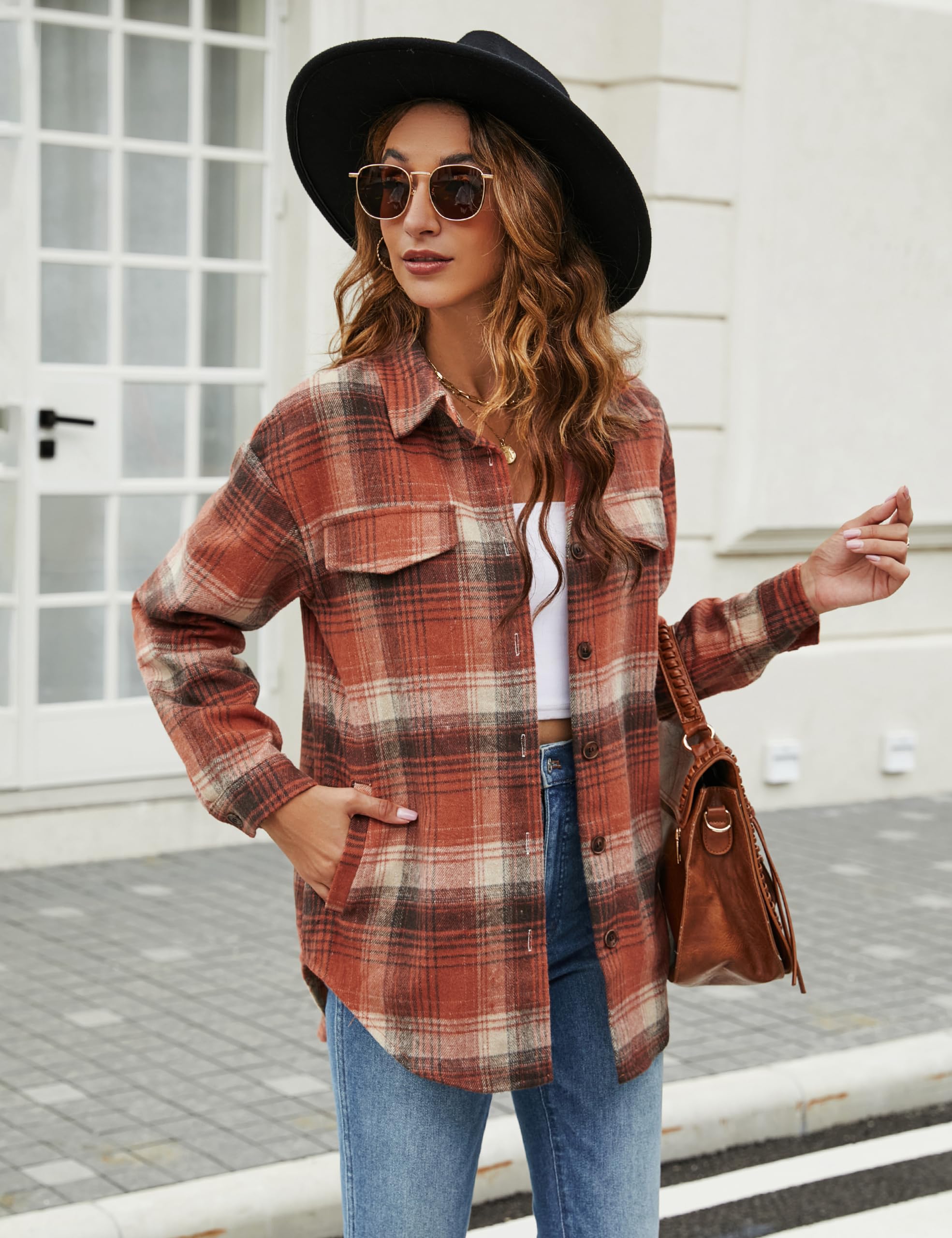Blooming Jelly Flannel Shirts for Women Long Sleeve Plaid Shirt Shacket Jackets Fall Clothes 2023 (Small, Orange)