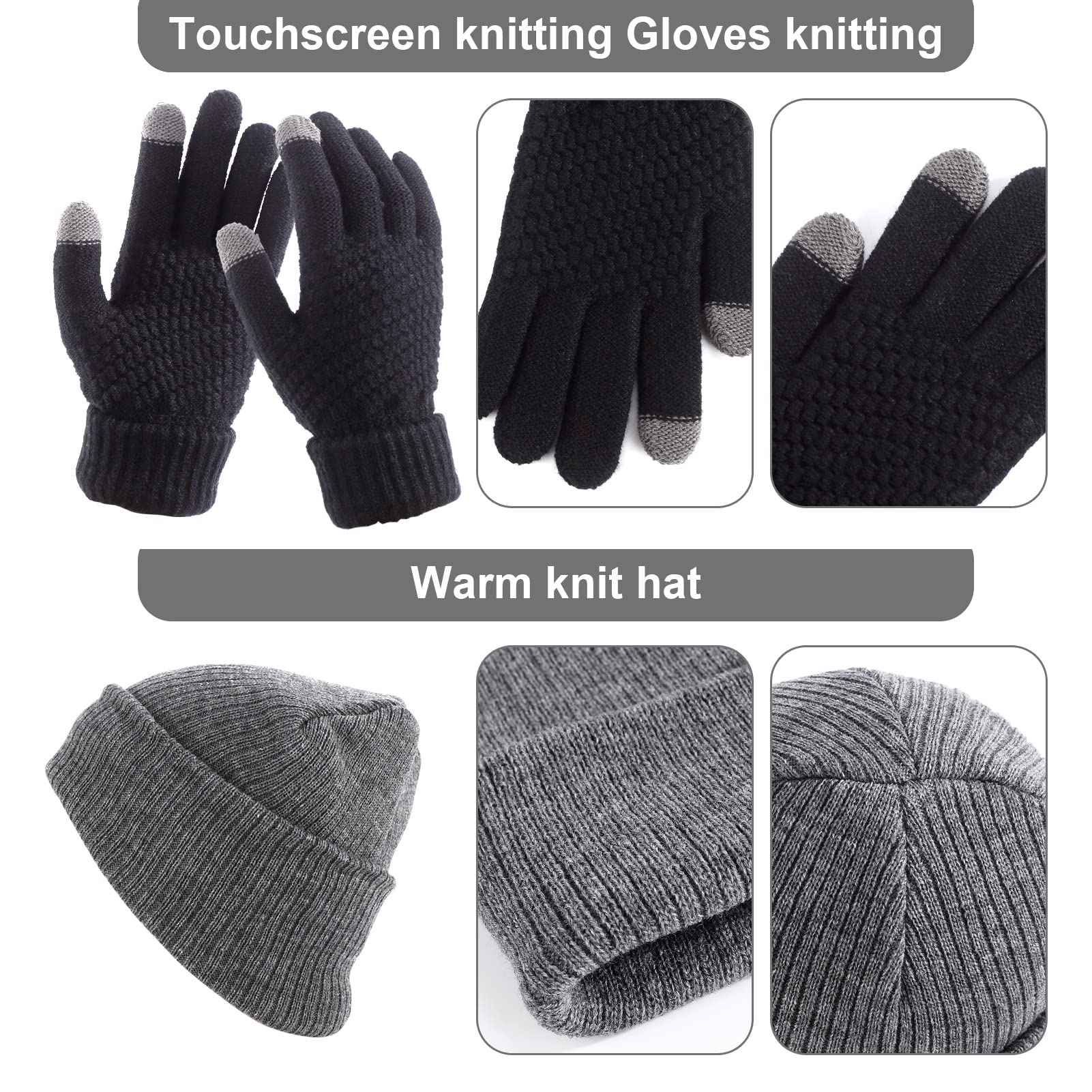 Black Plaid Full Cover Winter Warm Set, Scarf Beanie Hat Screen Gloves for Men Women